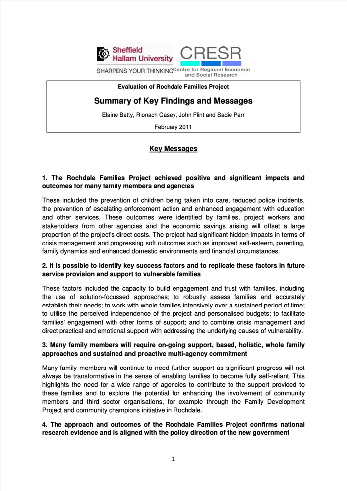 Summary of Key Findings and Messages | Sheffield Hallam University